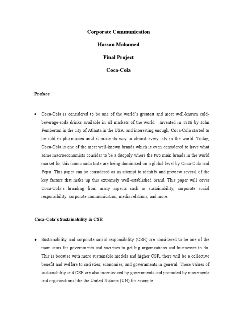 Corporate Communication Hassan Mohamed Final Project Coca-Cola | PDF ...