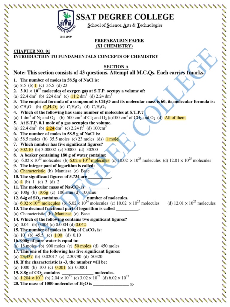 PrepPaper XI Chem Ch#01 Answer Key | PDF | Combustion | Carbon Dioxide