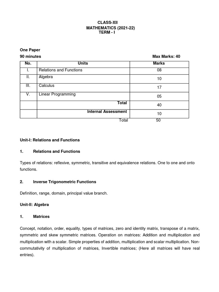 Class XII Mathematics Syllabus 2021-22 | PDF | Matrix (Mathematics ...