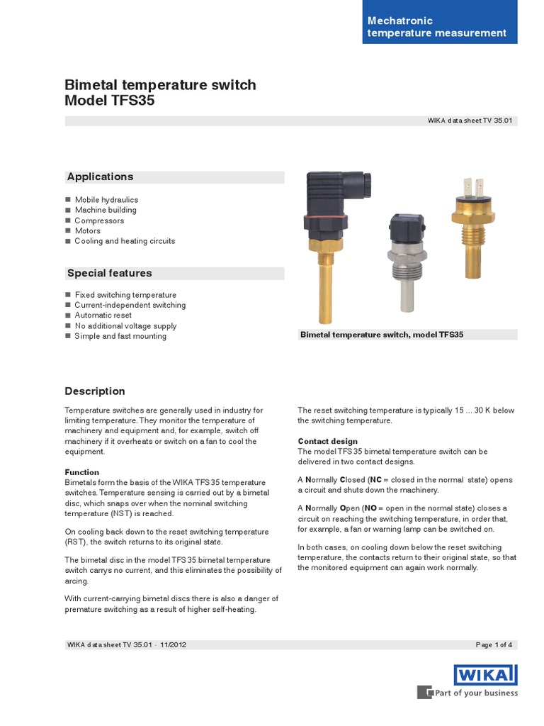 Bimetal Temperature Switch Model TFS35: Applications | PDF | Switch | Electrical Connector
