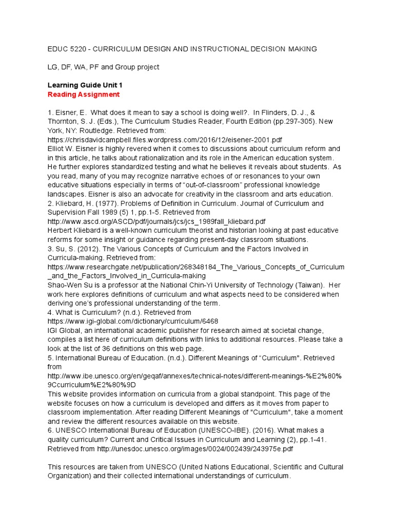 Learning Guide Unit 1: Reading Assignment | Descargar gratis PDF | Curriculum | Rubric (Academic)