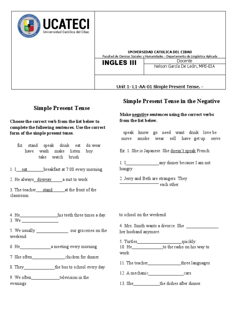 Practica No.1 Simple Present Tense | PDF | Grammar | Linguistics