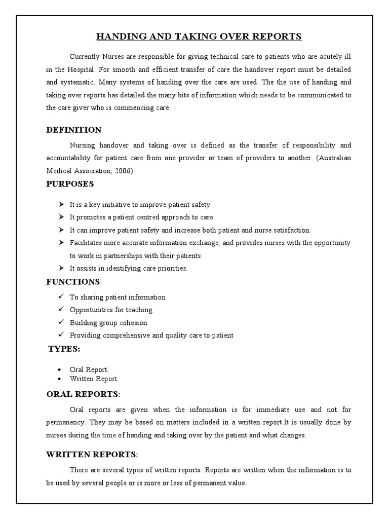 Handing and Taking Over | PDF | Patient | Nursing