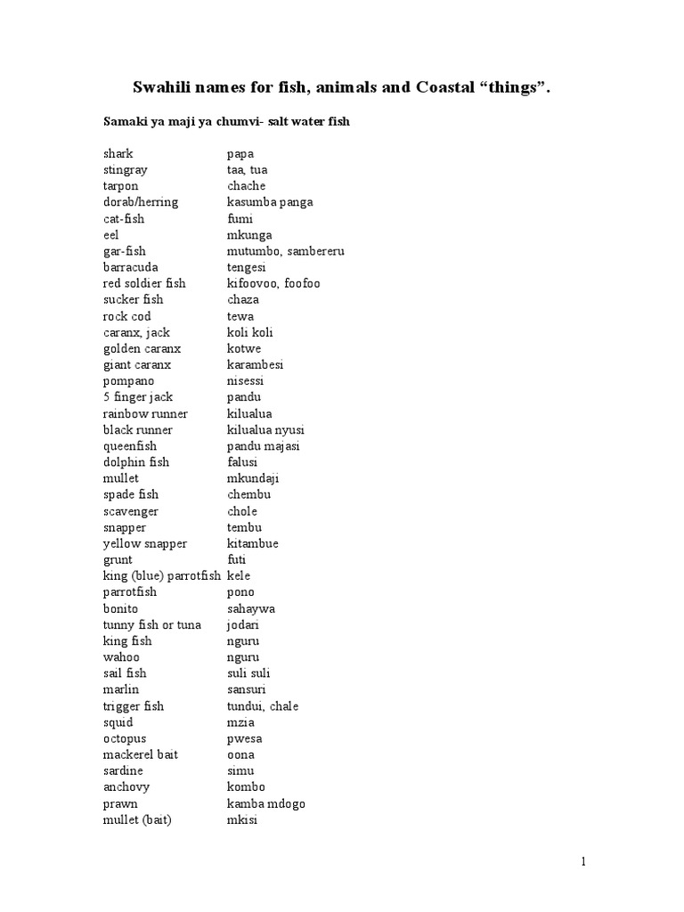 Swahili Names For Fish, Animals and Coastal "Things".: Samaki Ya Maji ...