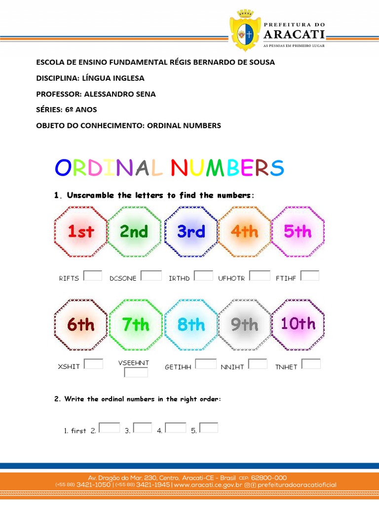6th Grade English: Ordinal Numbers | PDF