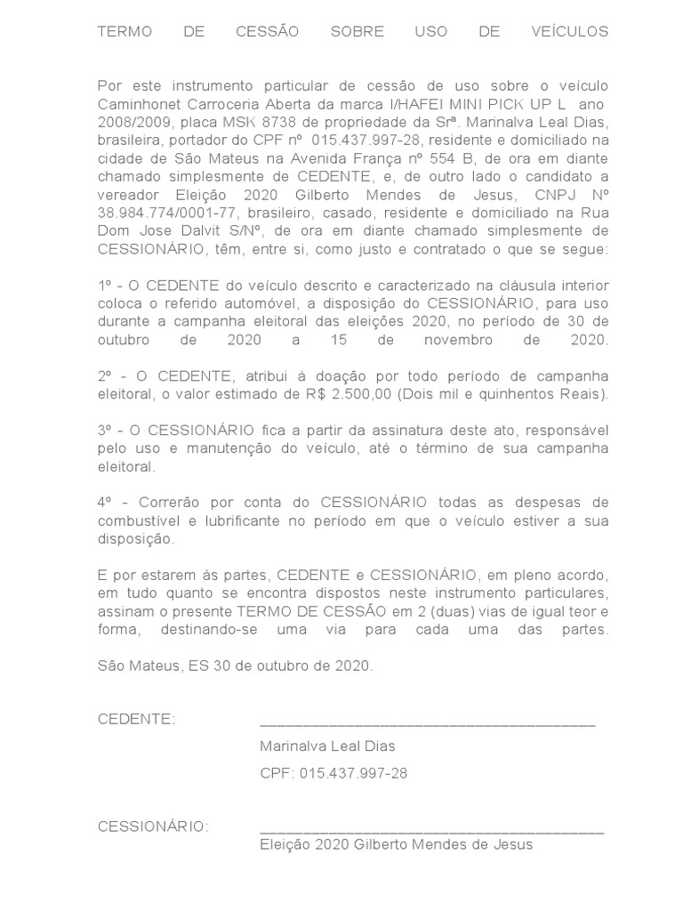 Termo De Cessão Sobre Uso De Veículos Pdf