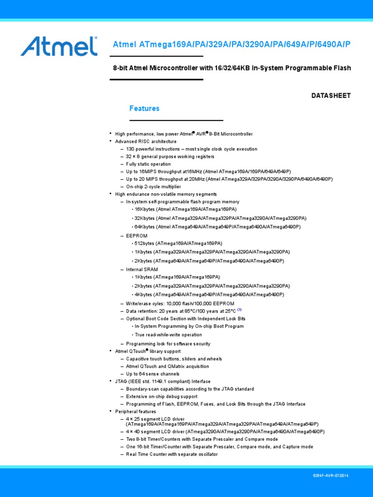 Atmel 8284 8 Bit AVR Microcontroller ATmega169A PA 1274228 | PDF ...