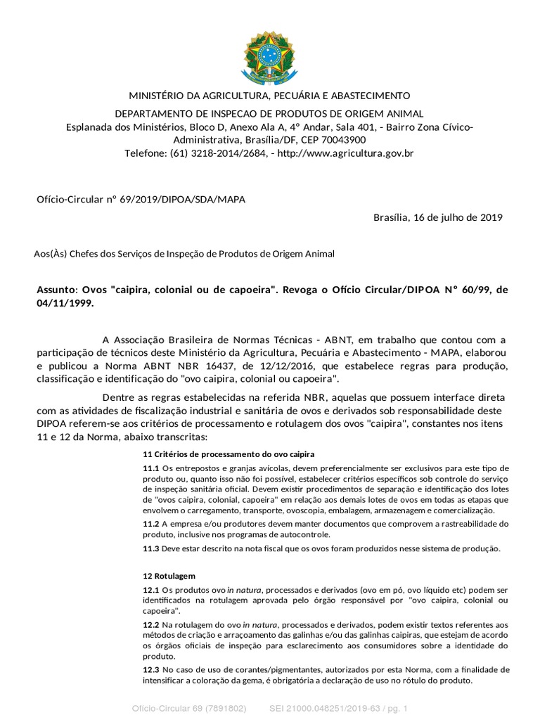 Oficio Circular No 69 2019 DIPOA SDA MAPA Ovos Caipiras | PDF | Ovo ... Oficio Circular No 69 2019 DIPOA SDA MAPA Ovos Caipiras | PDF | Ovo ...