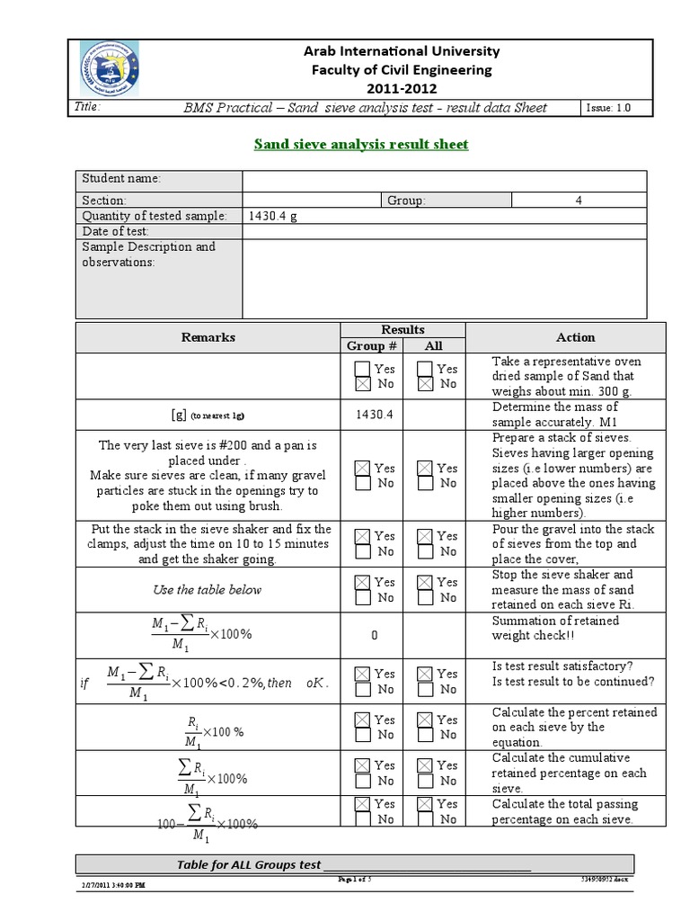 Sand Sieve Analysis - Result Data Sheet | PDF | Nature | Teaching ...