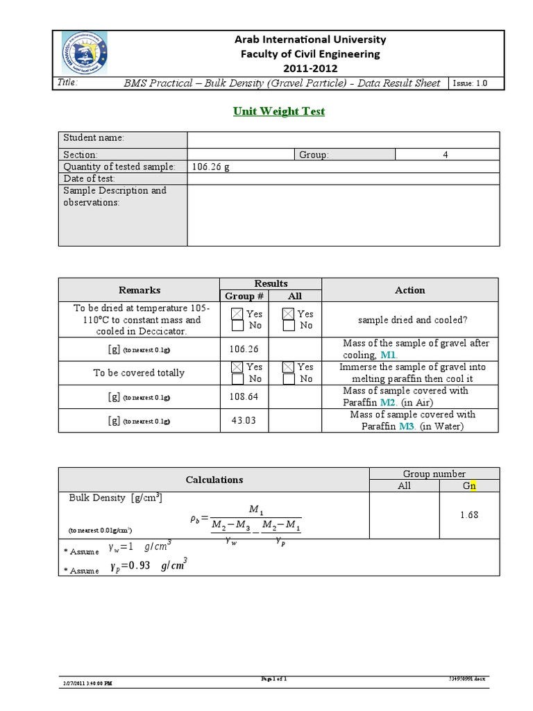 Bulk Density of Gravel Particle - Data Result Sheet | PDF | Density | Mass