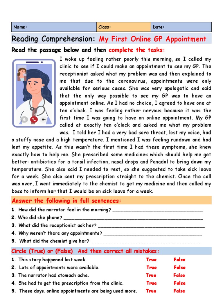Reading Comprehension My First Online GP Appointme Reading ...