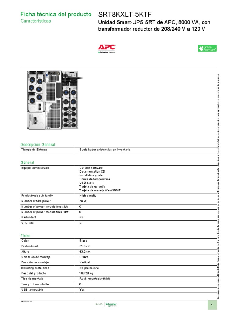 Ficha Técnica UPS SRT8KXLT-5KTF | PDF | Electrónica | Metrología