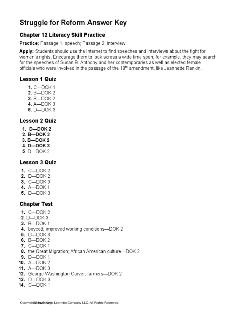 Exploring Key Moments in the Fight for Reform: An Answer Key for ...
