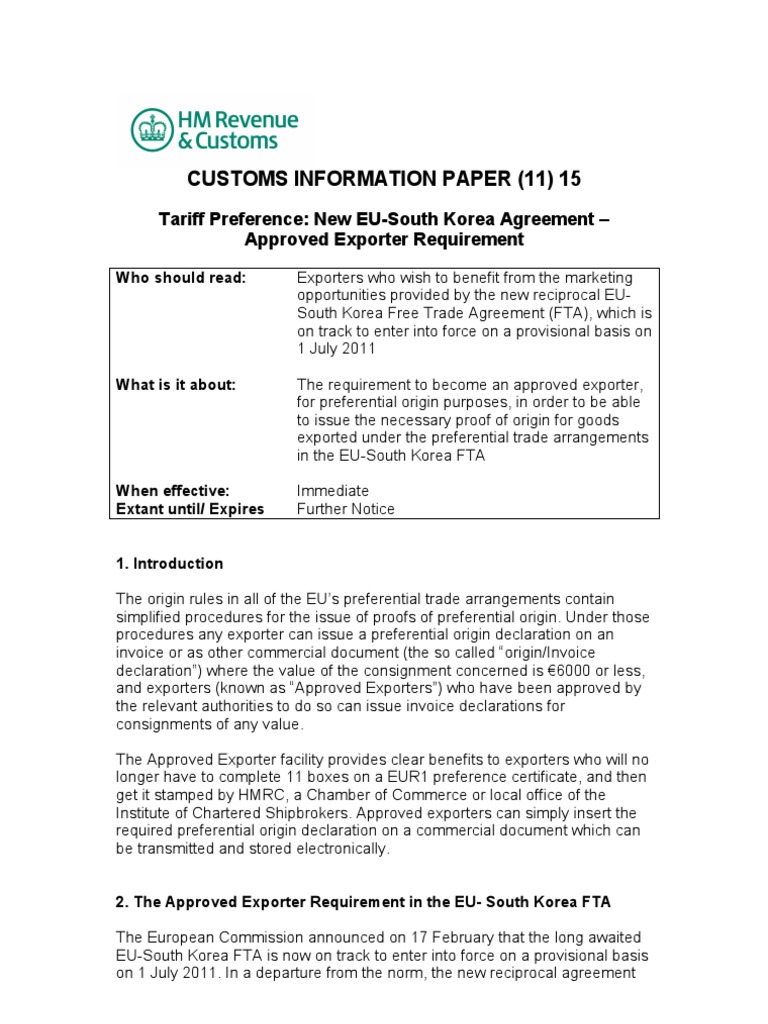 EU-SK FTA Approved Exporter | PDF | Invoice | Exports