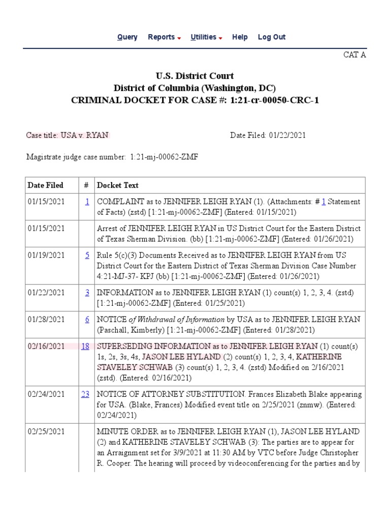 USA V Ryan Et Al Aug 2nd Docket Report | PDF | Arraignment | Plea