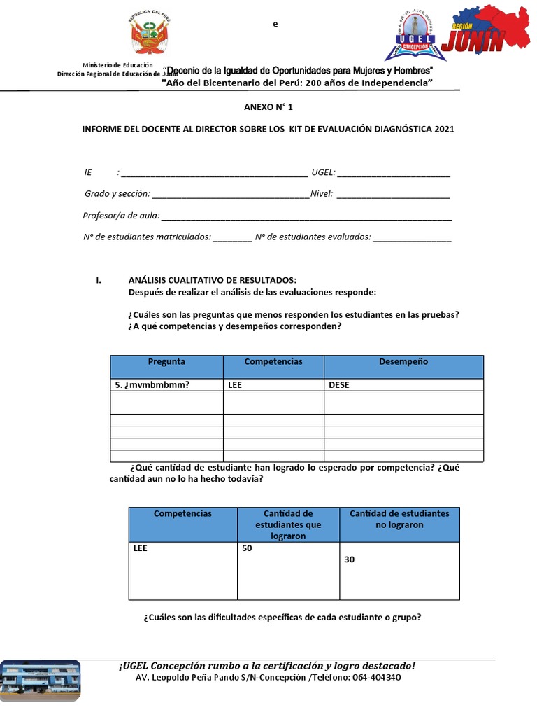 Informe de Docente Al Director Evaluación Diagnostica | PDF | Aprendizaje | Cognición