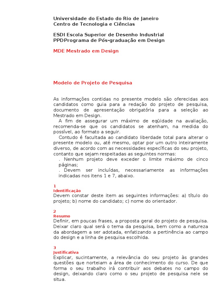 Modelo de Projeto de Pesquisa | PDF | Mestrado | Esboço