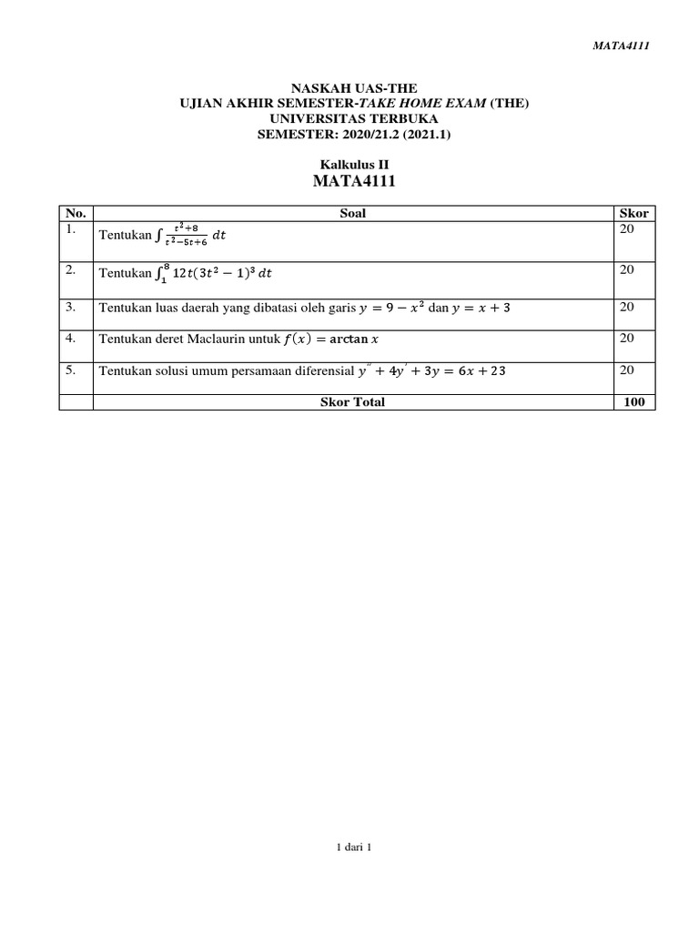 UAS Kalkulus II: Soal dan Solusi | PDF | Metode & Bahan Ajar