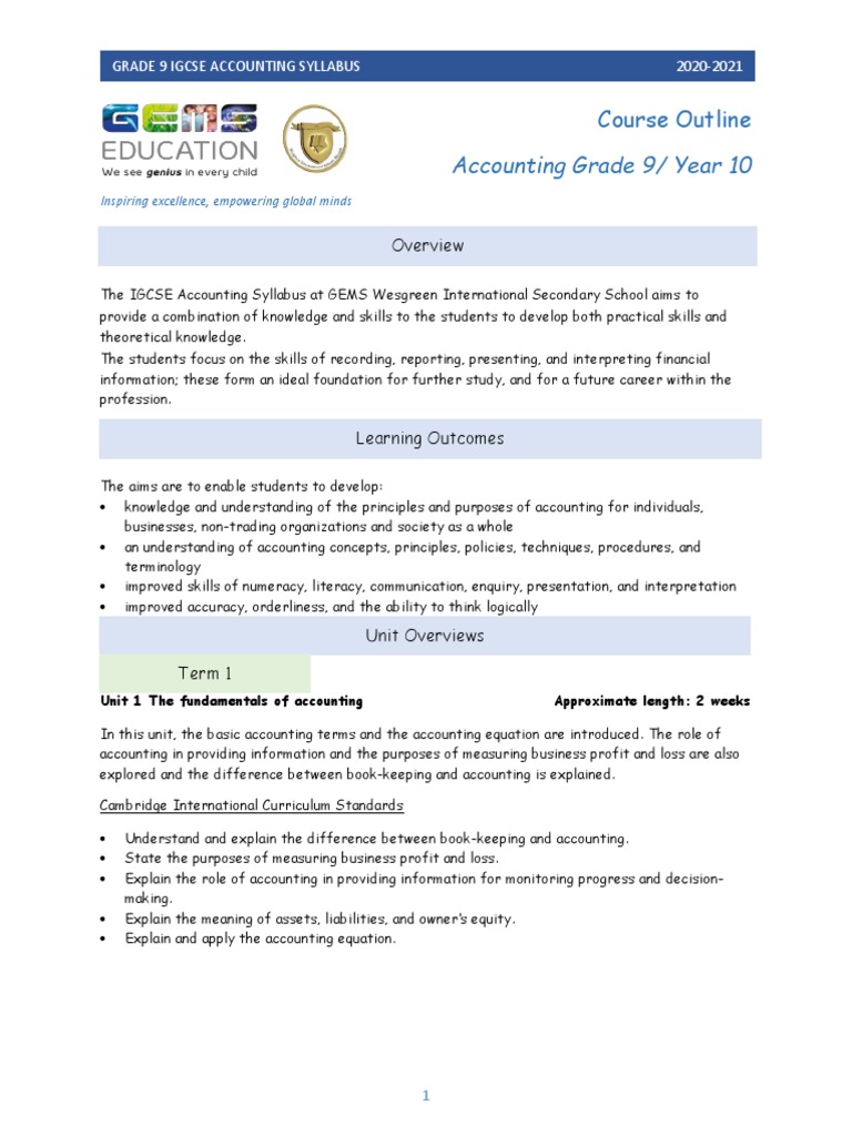 Grade 9 Accounting Syllabus Overview 2020-2021 | PDF | Bookkeeping ...