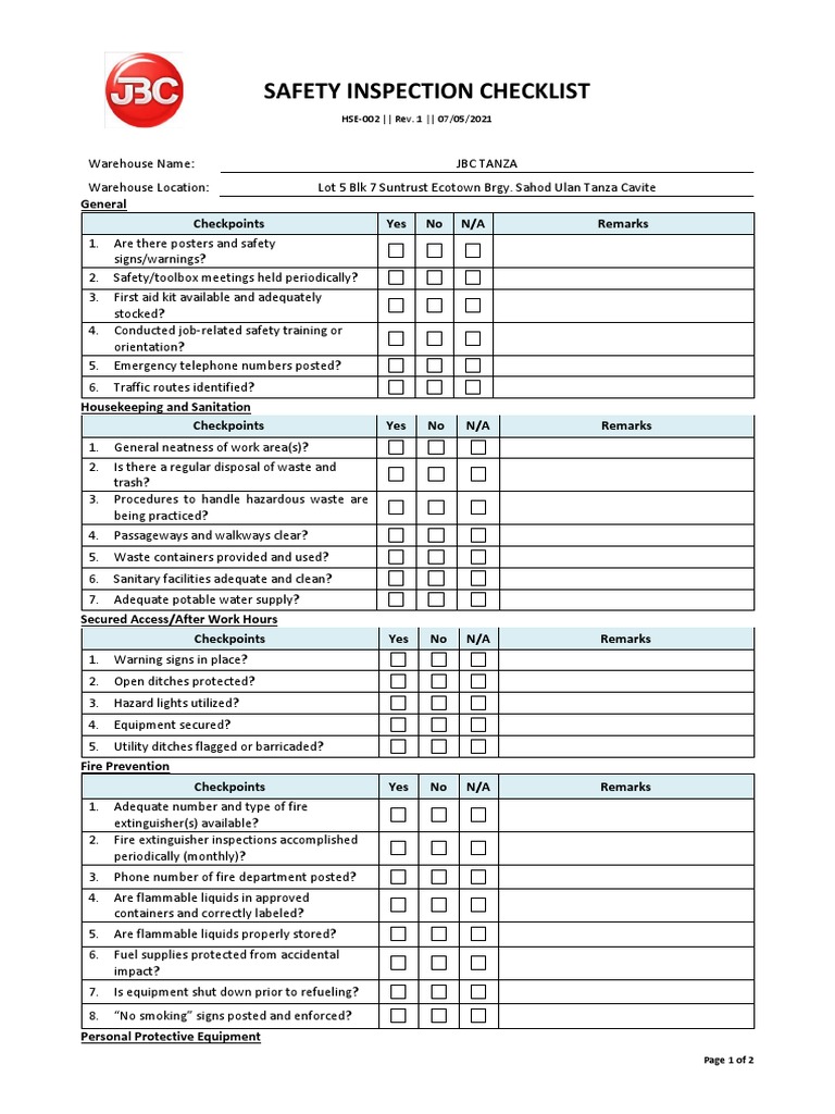 HSE-002 Safety Inspection Checklist - Rev 0 | PDF | Personal Protective ...
