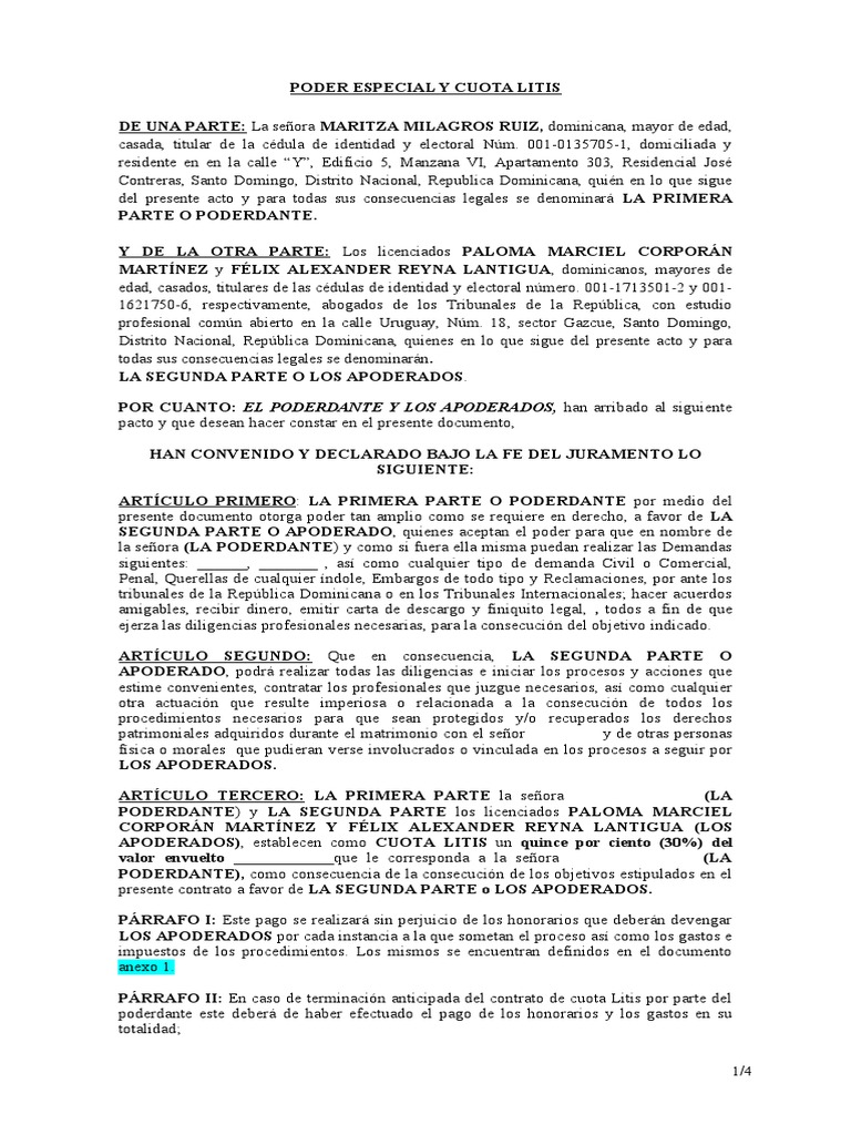 Modelo de Poder Especial y Cuota Litis | PDF | República Dominicana ...