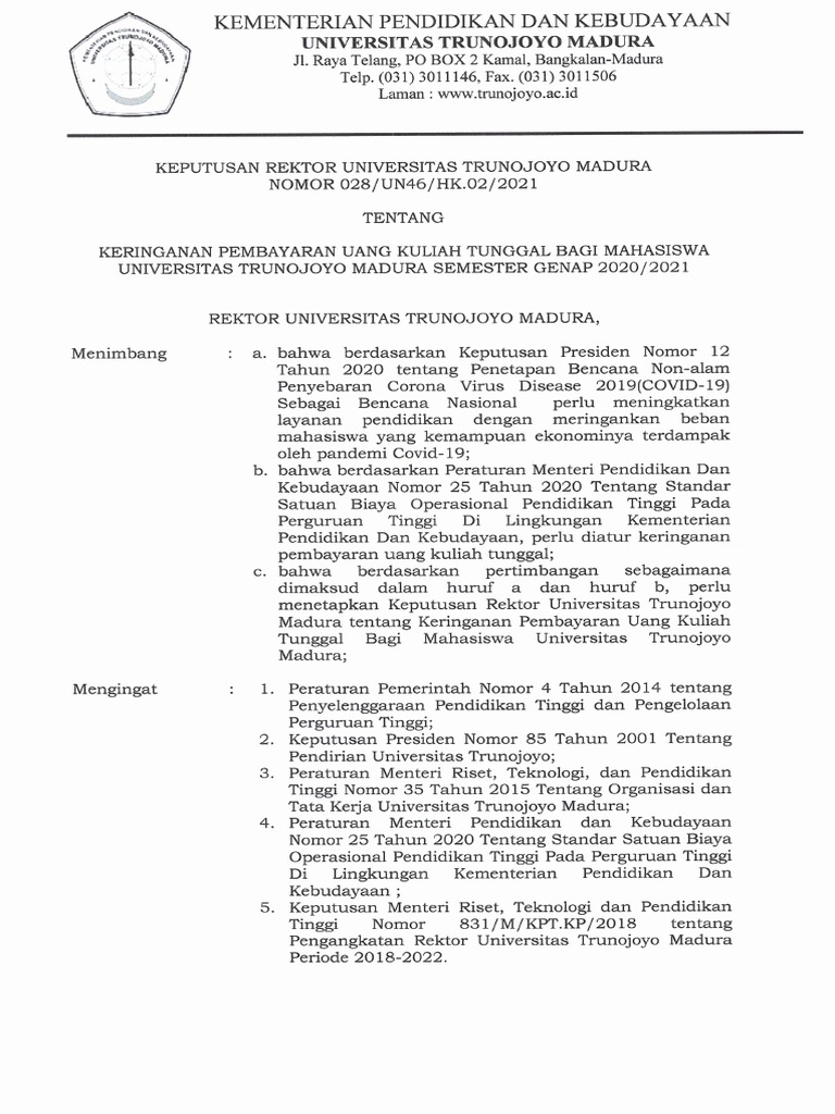 SK 028 Keringanan Pembayaran UKT Bagi Mahasiswa UTM Semester Genap 2020-2021 | PDF