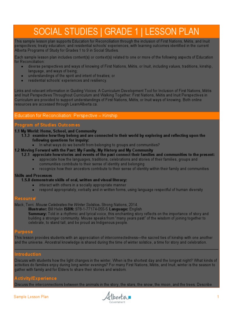 Social Studies - Grade 1 - Lesson Plan: Education For Reconciliation ...