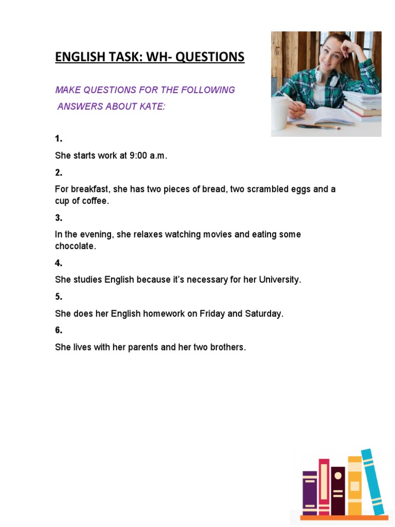 English Task: Wh-Questions: Make Questions For The Following Answers ...