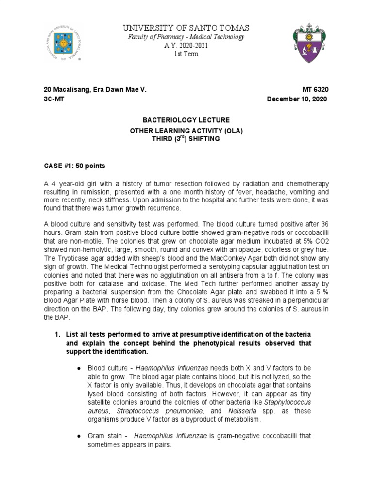 Bacteriology Case Study: H. influenzae Identification | PDF ...