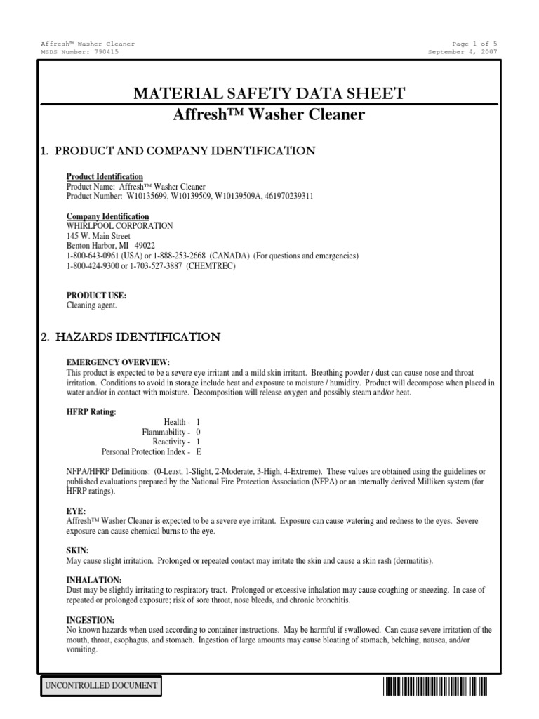 Material Safety Data Sheet Affresh™ Washer Cleaner: 1. Product and ...