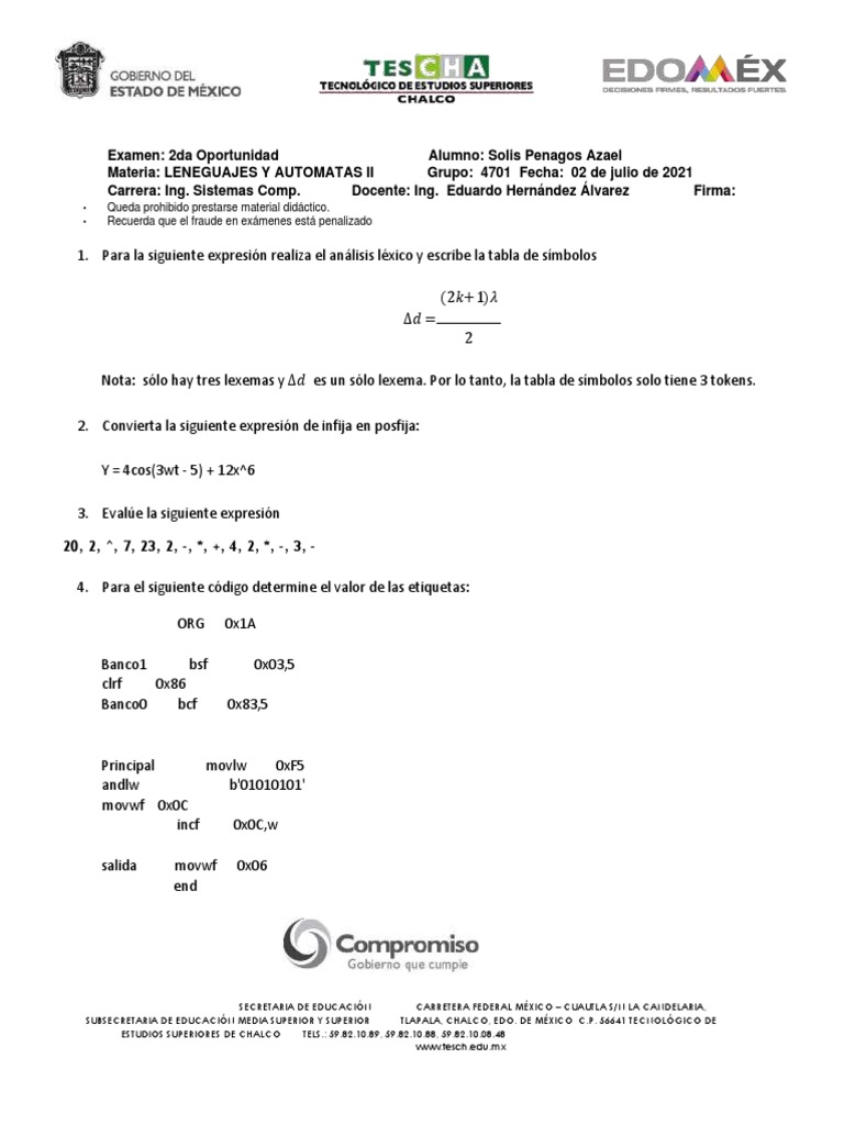 Examen 2da Oportunidad. Lenguajes y Automatas II | PDF