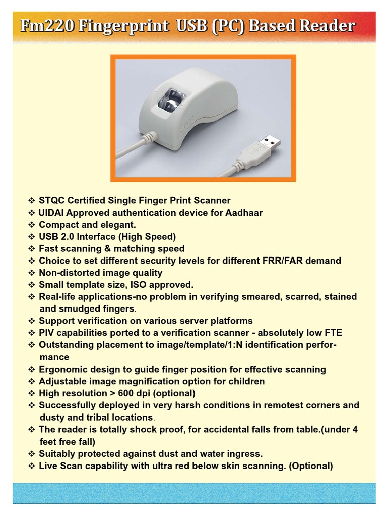 Fm220 Fingerprint USB (PC) Based Reader Fm220 Fingerprint USB (PC ...