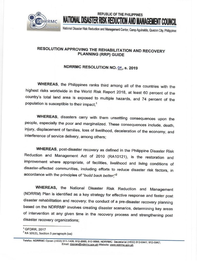 NDRRMC Approved Philippine Disaster Rehabilitation and Recovery ...