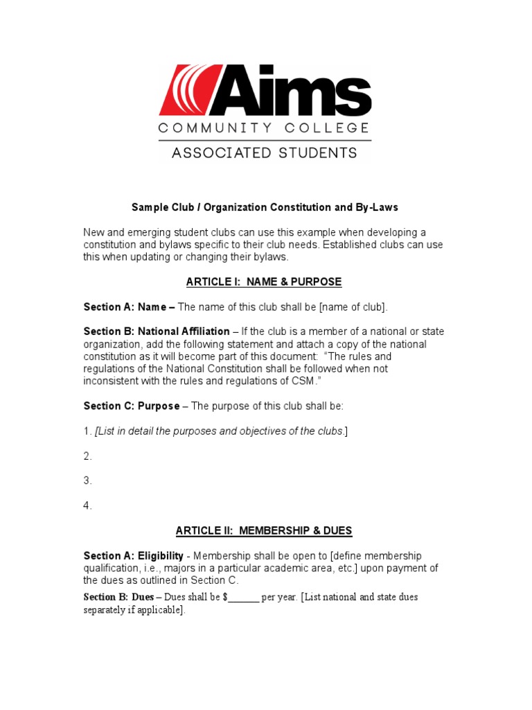Sample Club Constitution and Bylaws Guidelines | PDF