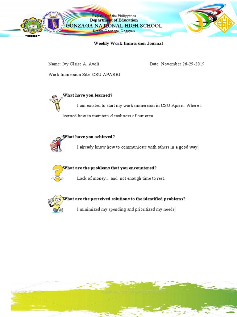 Weekly Work Immersion Journal | PDF | Wellness