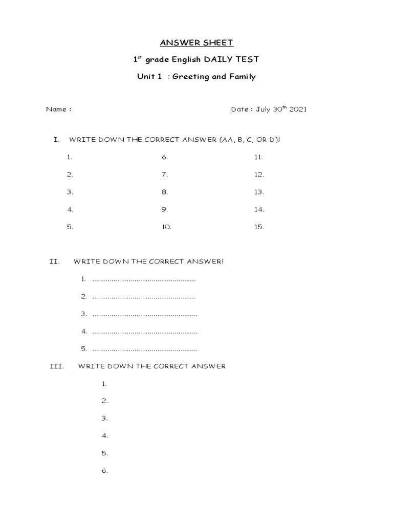 Answer Sheet First Grade Greeting and Family | PDF