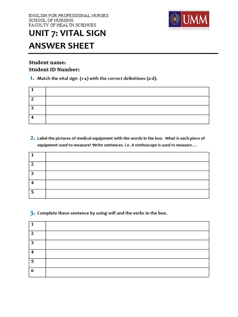 Unit 7: Vital Sign Answer Sheet: Student Name: Student ID Number | PDF