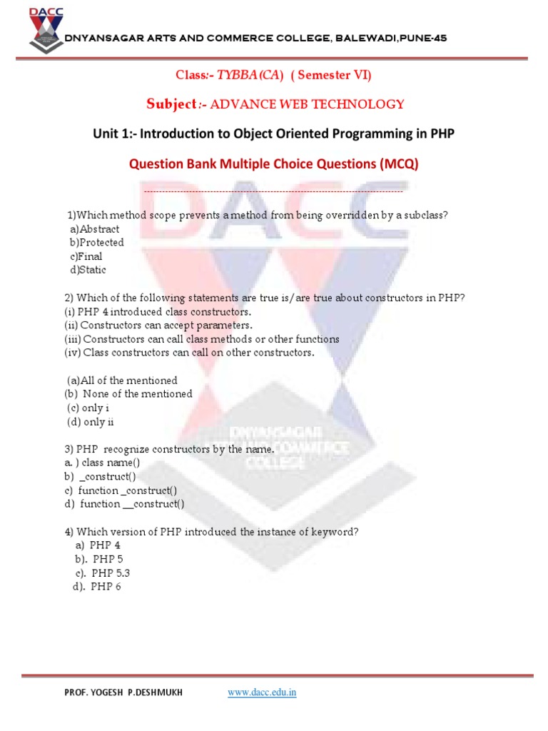 Unit 1 Introduction To Object Oriented Programming In Php Subject Pdf Ajax Programming