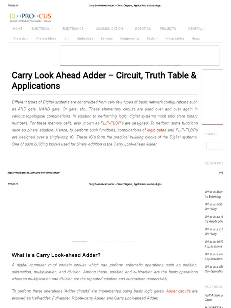 Carry Look-Ahead Adder - Circuit Diagram, Applications & Advantages ...