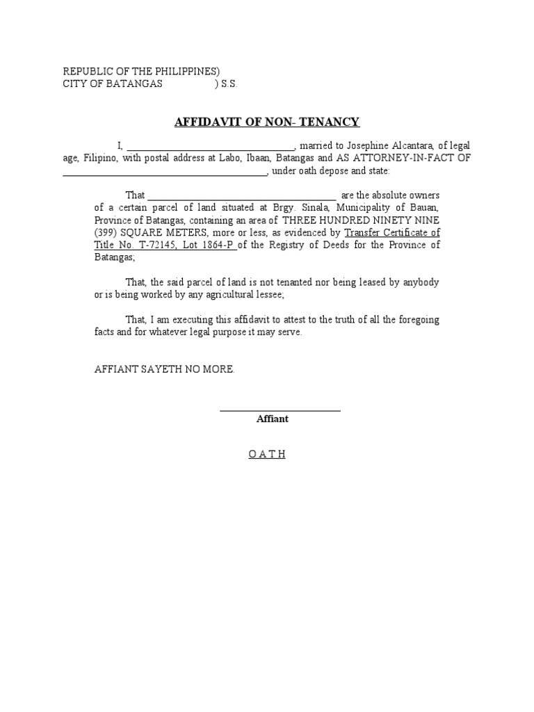 Affidavit of Non Tenancy For SPA | PDF