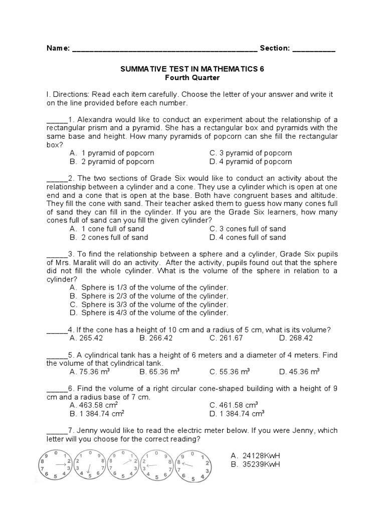Name: - Section: - Summative Test in Mathematics 6 Fourth Quarter | PDF ...