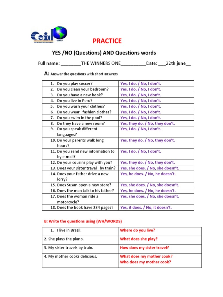 Practice: YES /NO (Questions) AND Questions Words | PDF | Language Arts ...