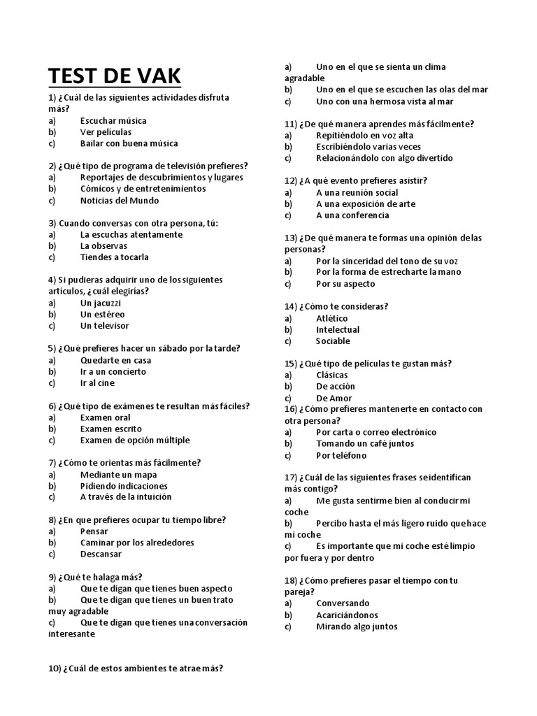 Test de Preferencias VAK | PDF