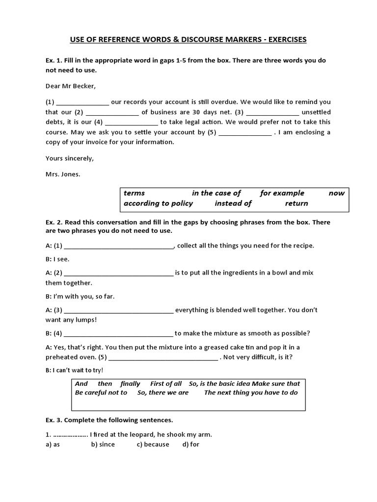 Reference Words & Discourse Markers Exercises | PDF | Career & Growth ...