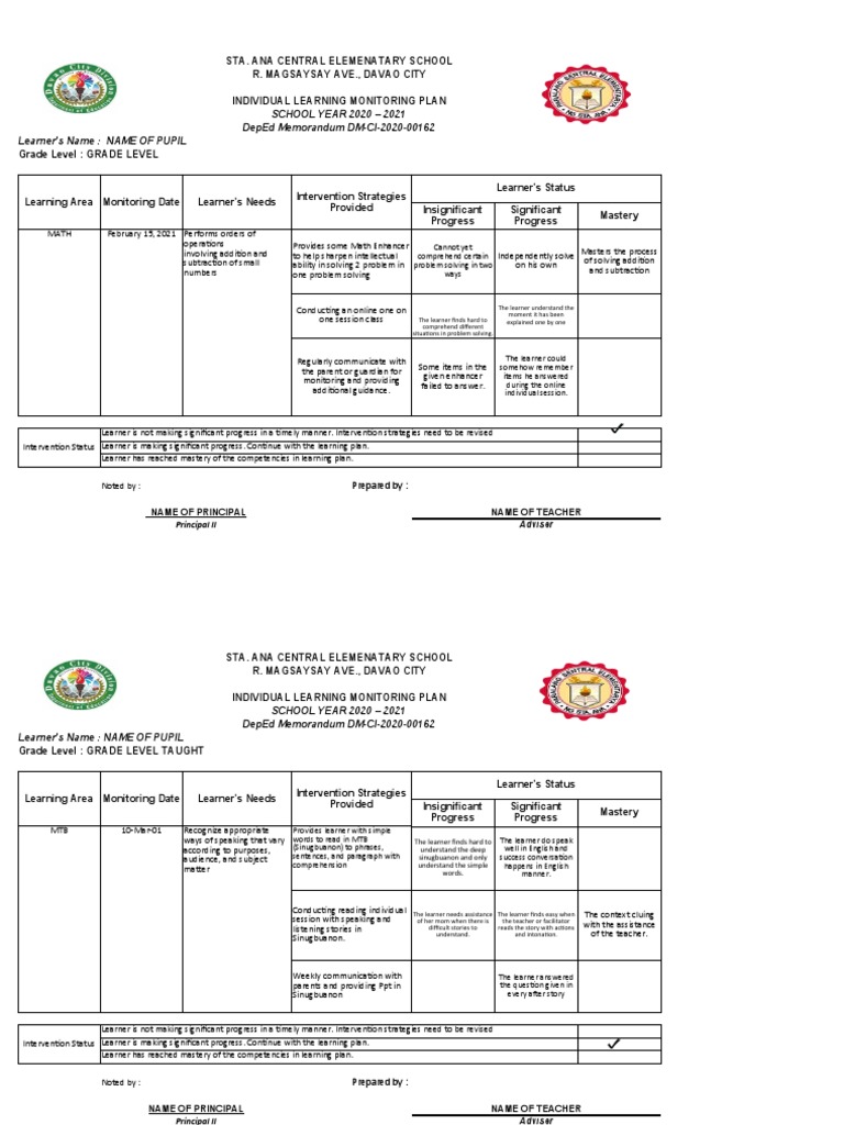 Sample Individual Monitoring Plan 2020-2021 | PDF | Learning | Worksheet