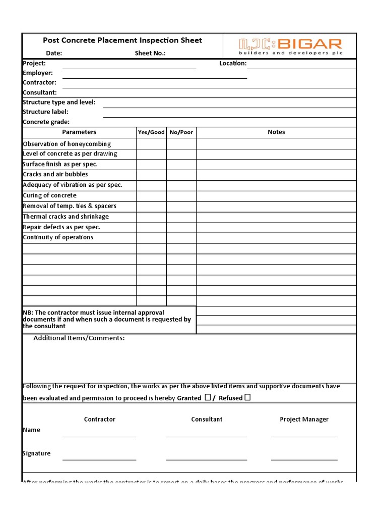 05 Post Concrete Placement Inspection | PDF