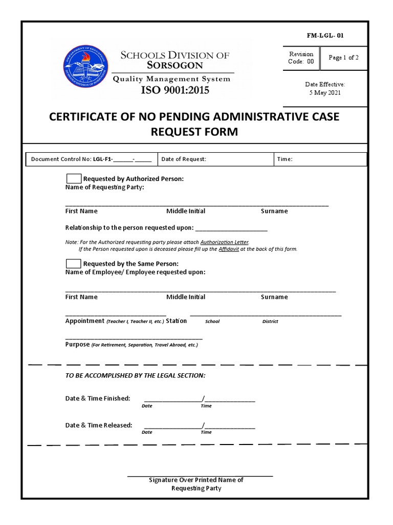 Certificate of No Pending Administrative Case Request Form: Revision ...