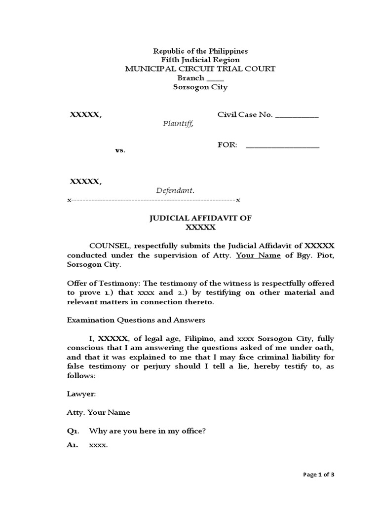 JUDICIAL AFFIDAVIT Sample | PDF | Affidavit | Testimony