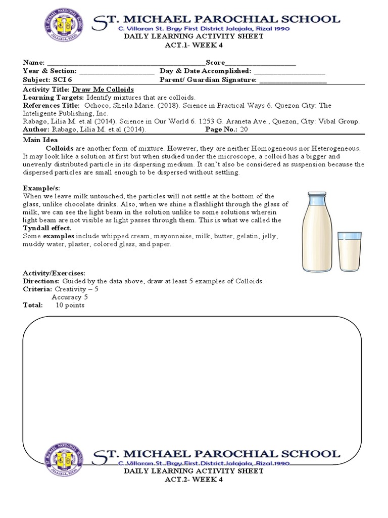 Daily Learning Activity Sheet Sci 6 Week 4 | PDF | Colloid | Mixture