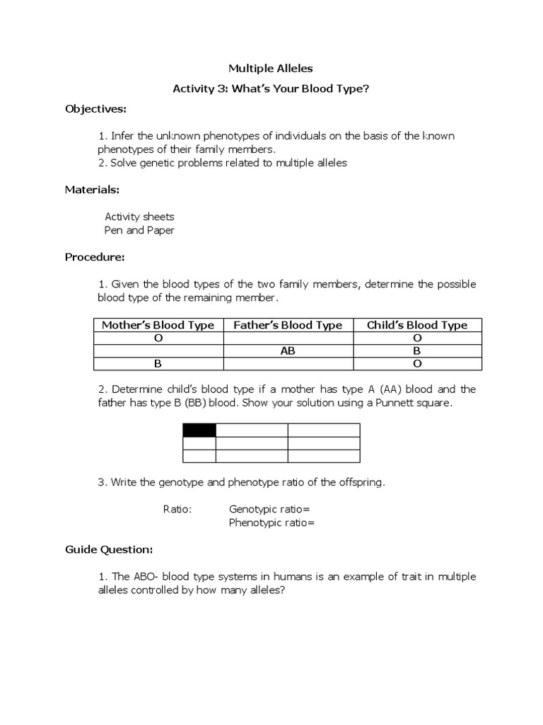 Multiple Alleles Activity 3: What's Your Blood Type? Objectives | PDF